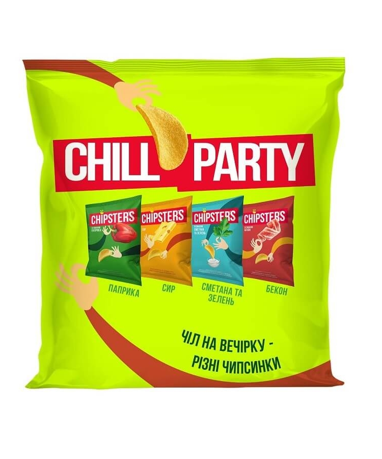 Асорті чипсів 120 г Chipster`s Chill Party зі смаками Бекон, Паприка, Сир, Сметана із зеленню ...