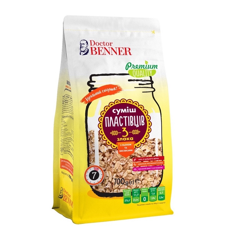 Пластівці 0,7 кг Doctor Benner Суміш 3 злаків з льоном та висівками ...