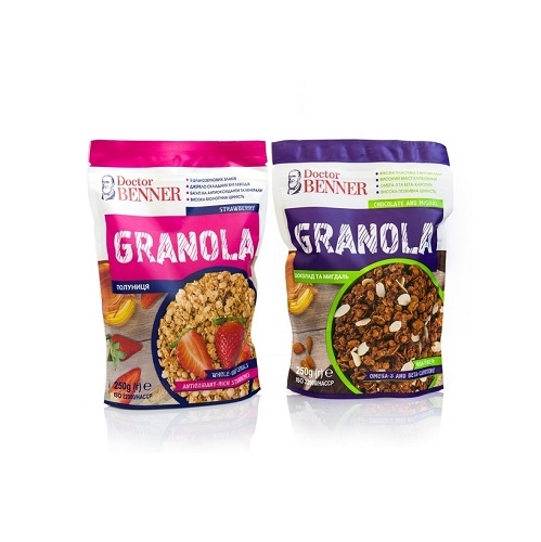 Сухий сніданок 250 г Гранола Dr.Benner (шоколад та мигдаль, полуниця) м ...