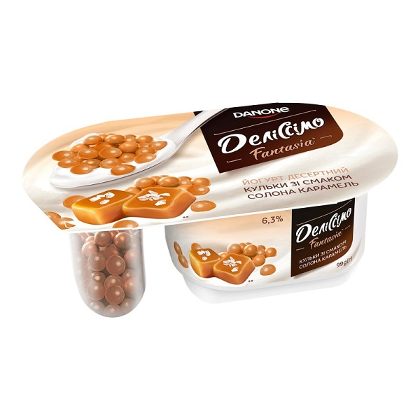 Йогурт 99 г Деліссімо Фантазія з хрусткими кульками зі смаком солоної карамелі 6,3% п/стакан ...
