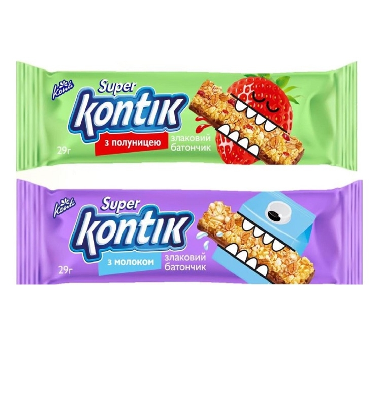 Батончик злаковий 29г Super Kontik (зі смаком полуниці/молока ) м/уп ...